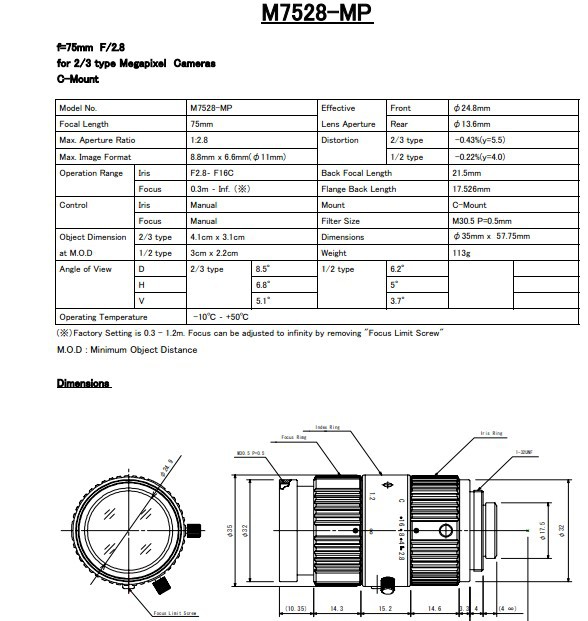 computar镜头，150万像素，2/3寸，75mm-computar镜头 M7528-MP