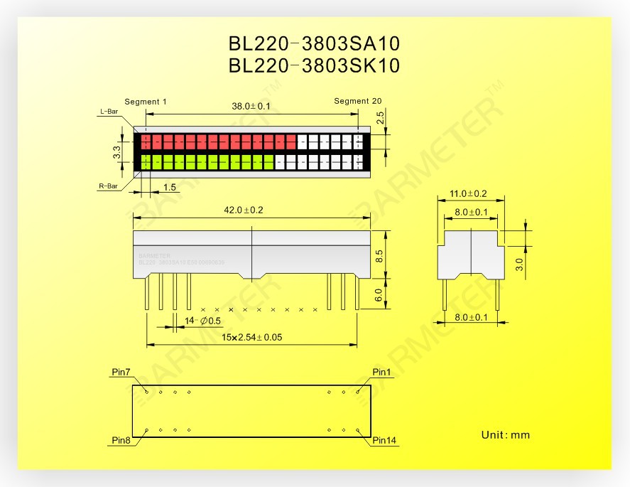 BL220-3803SX10 * 40段38mm长 黄绿色LED显示光柱器件-化工仪器网